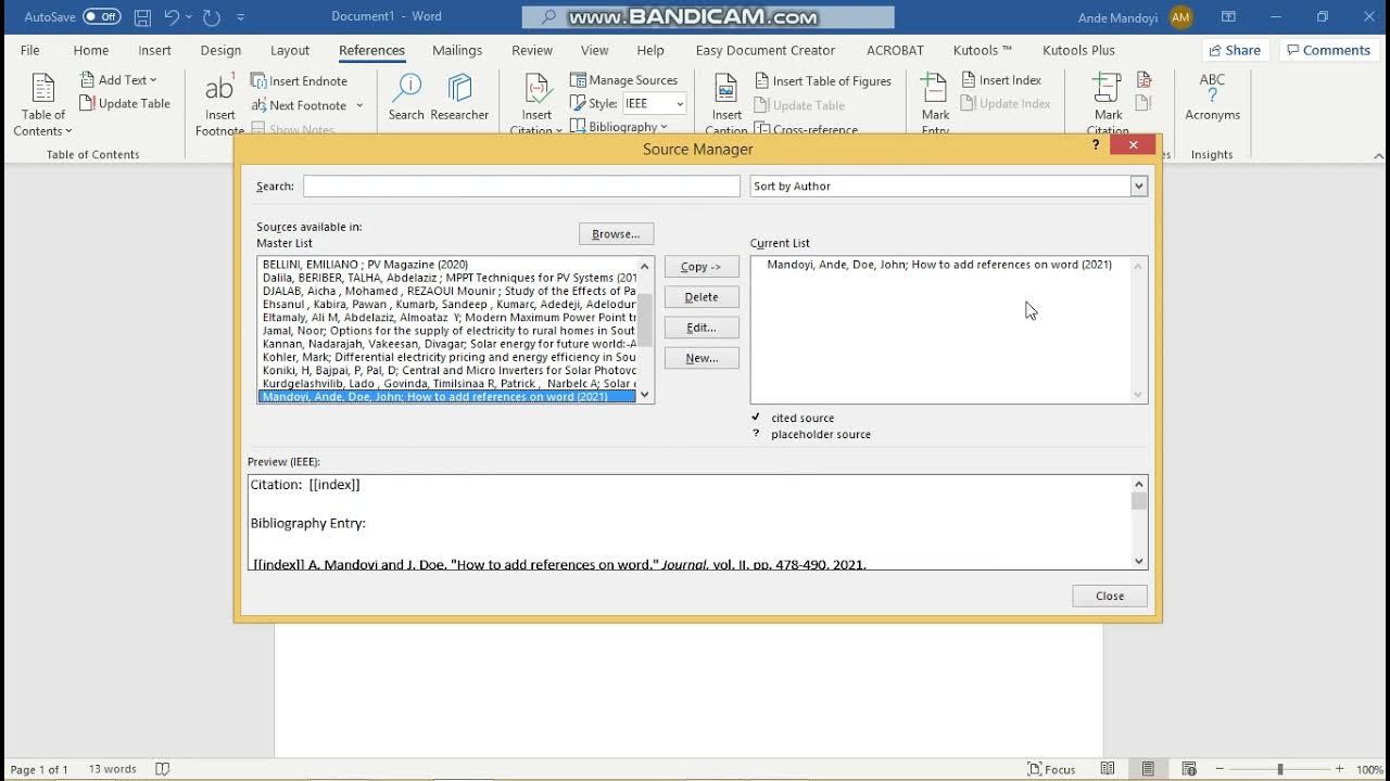 How to add a list of references on MS Word - YouTube