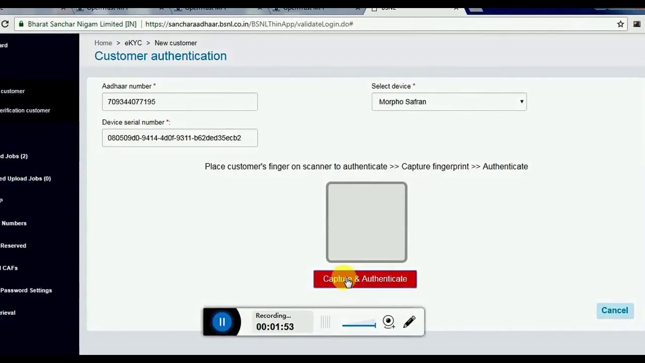 Sanchar Aadhaar Desktop EKYC Outstation CAF entry - YouTube