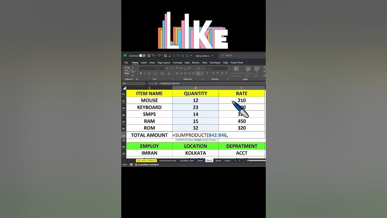 Excel Sumproduct Function Excel Excelformulas Excelfunctions Shrots Excelshorts Youtube