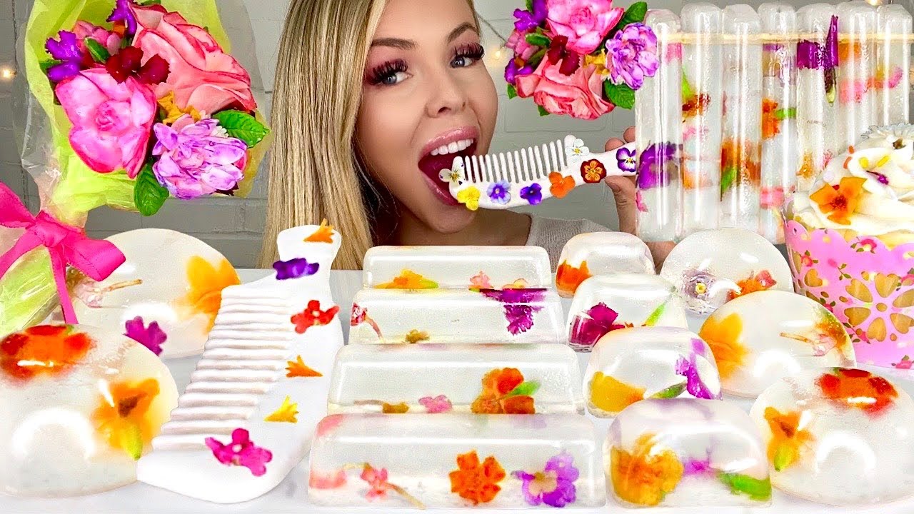 ASMR EDIBLE FLOWERS, RAINDROP CAKE, EDIBLE FLOWER BOUQUET MUKBANG 먹방 ...