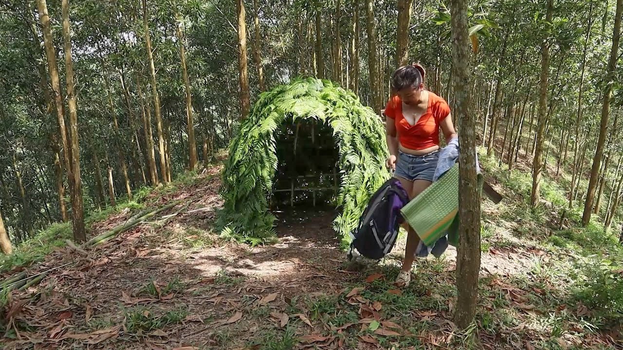 Bushcraft Camping Under a Root Tree • Building Survival Shelter ...