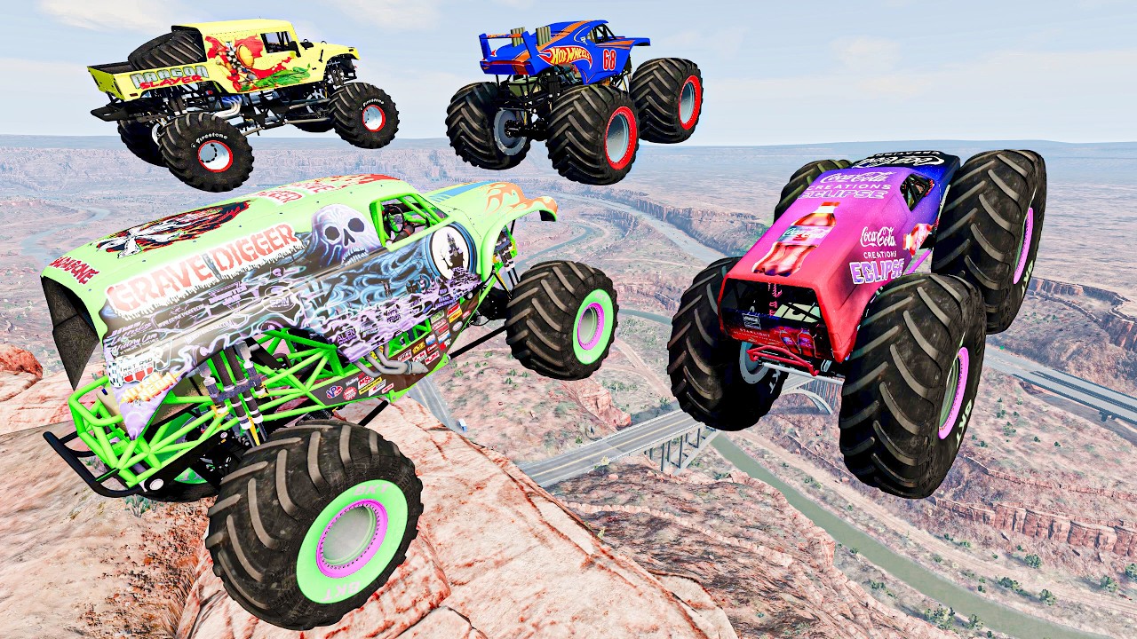High Speed Monster Trucks stunts, jumps, crashes, crushing cars, fails ...