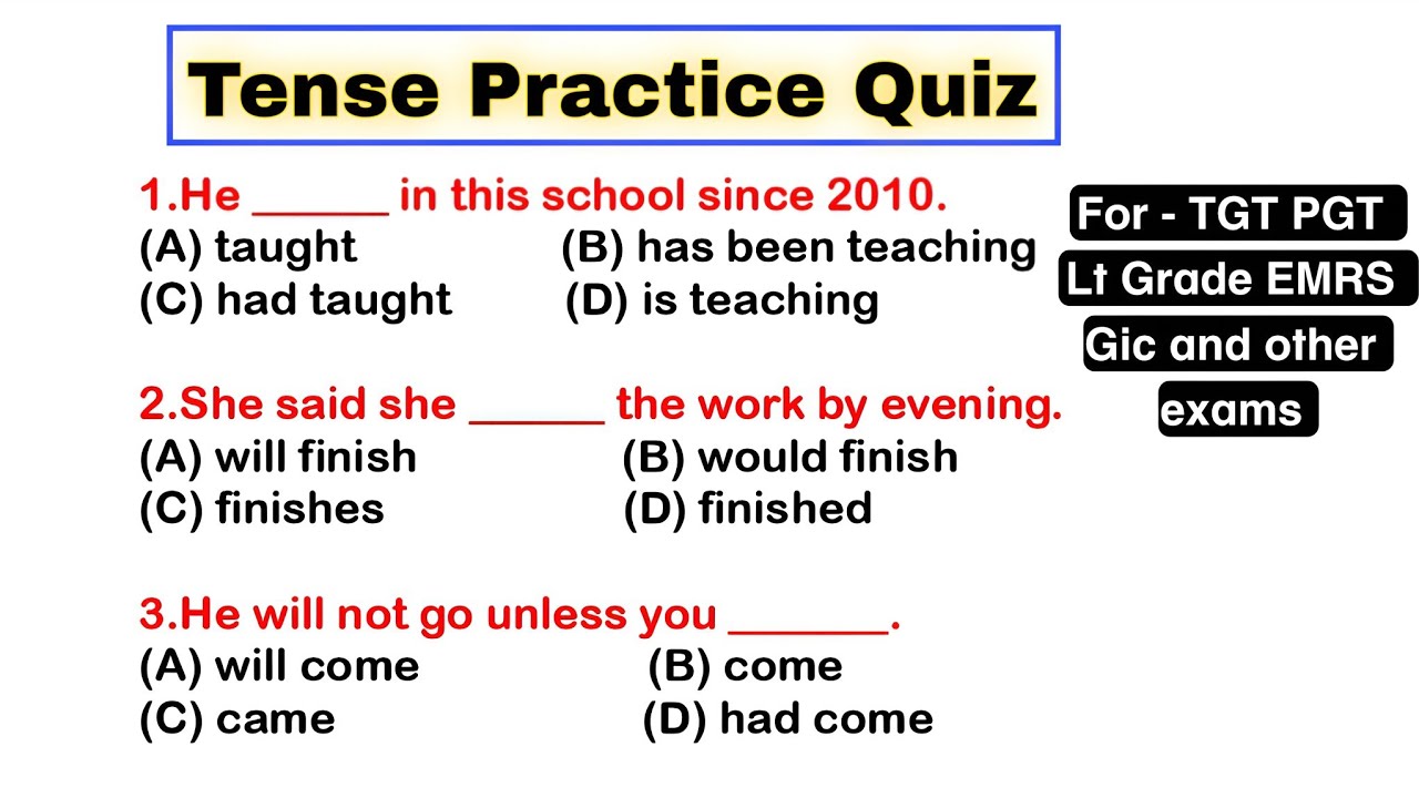 Tense Practice Quiz | English Grammar Tense MCQs for TGT PGT LT Grade ...