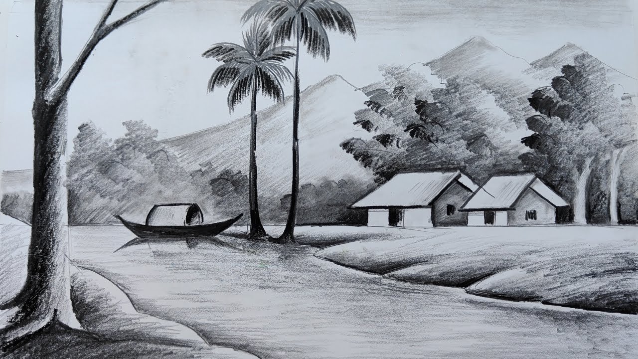 how to draw easy pencil sketch scenery,landfscape pahar and river side ...