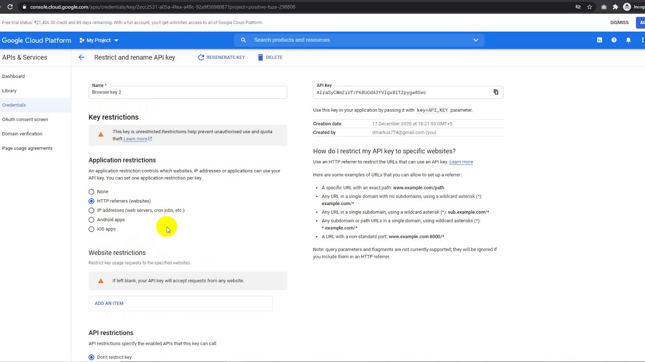 Server Key And Browser Key Generation on Google Cloud - YouTube