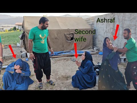The husband got angry; the second wife stopped him by pleading.