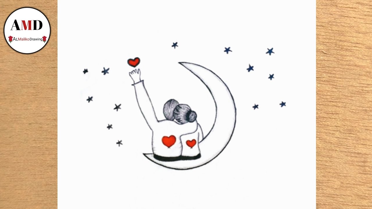 How To Draw Romantic Couple Sitting on the moon pincle drawing - YouTube