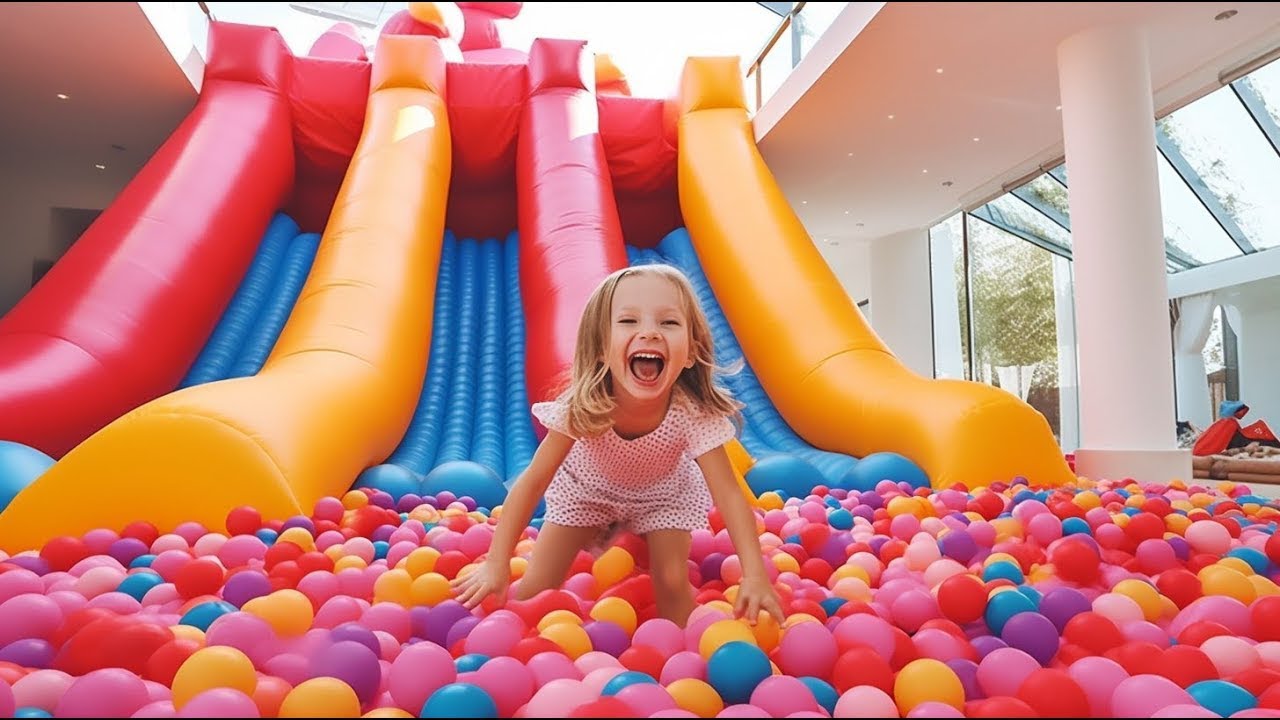 Alice and baby Eva play in the Barbie house with a trampoline - YouTube