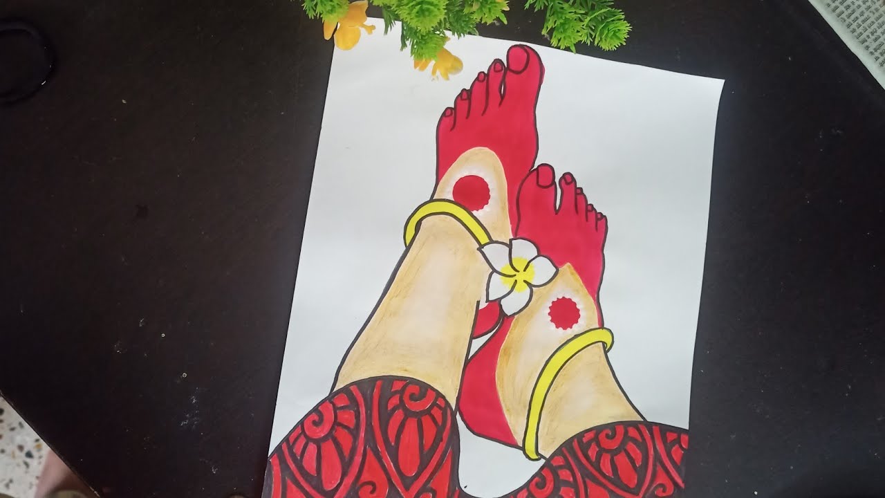 AGOMONI DRAWING || Maa Durga Feet Drawing Step by Step || Easy Drawing ...