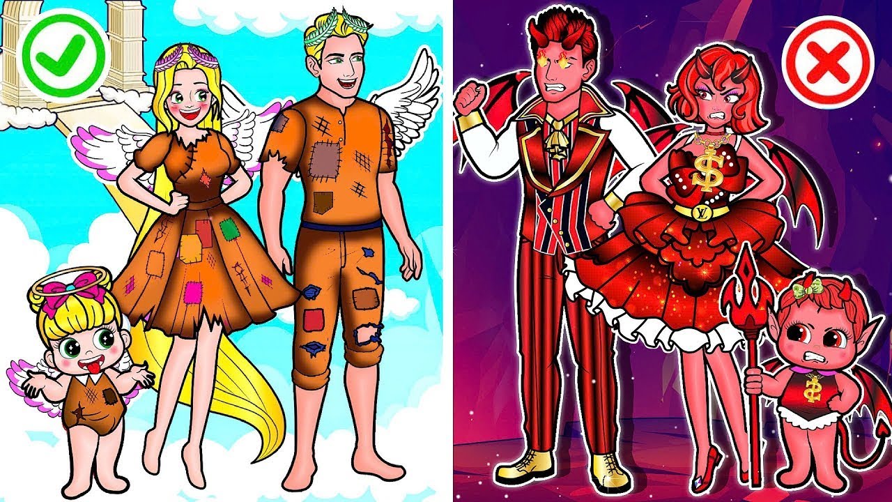 [🐾paper diy🐾] Poor Angel vs Rich Demon Double Elsa Family Competition ...