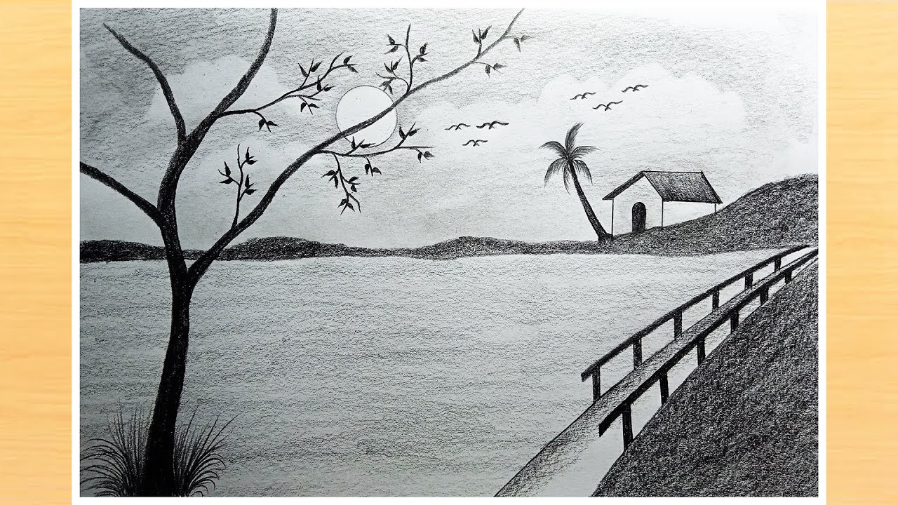 How to draw an easy scenery | Simple scenery drawing | Pencil drawing ...