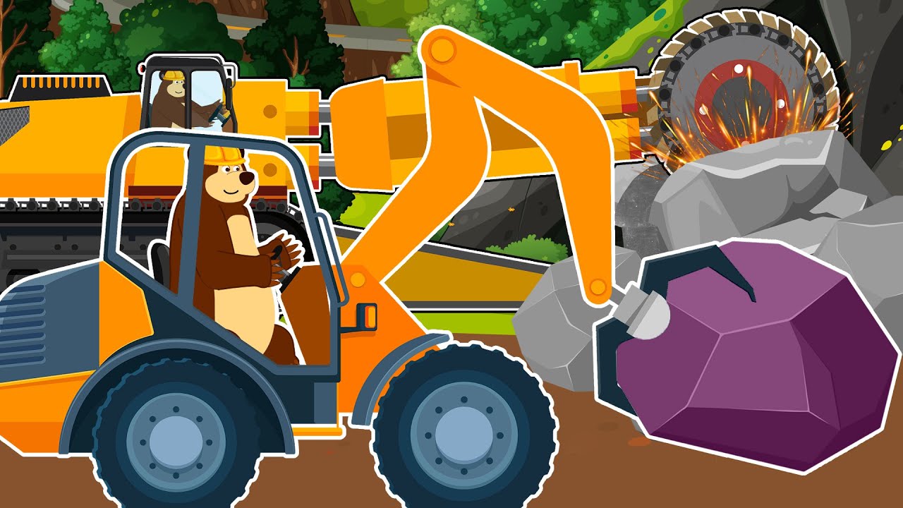 The Bear Construction: Handling giant rocks blocking the road! Rock saw, Dump truck, Stone/Rock ...
