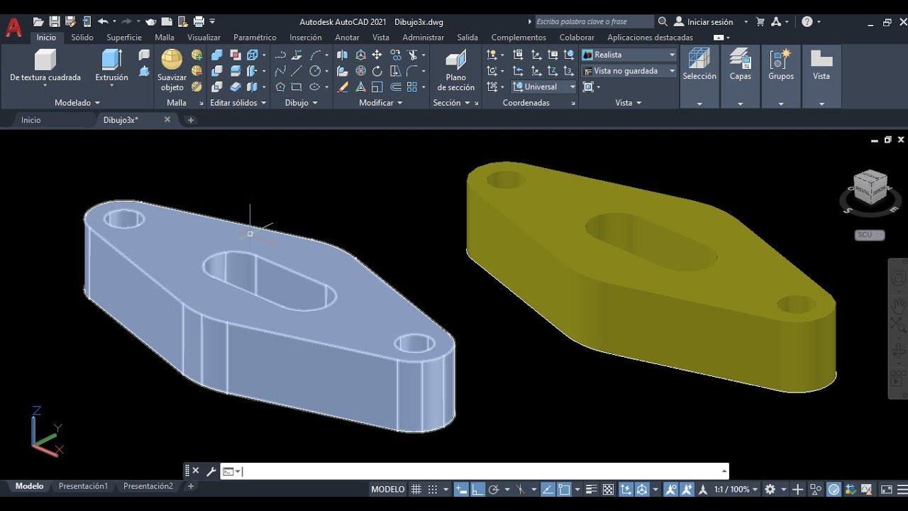 Como dibujar una pieza mecánica en AutocaD 3D /Pieza mecánica en ...