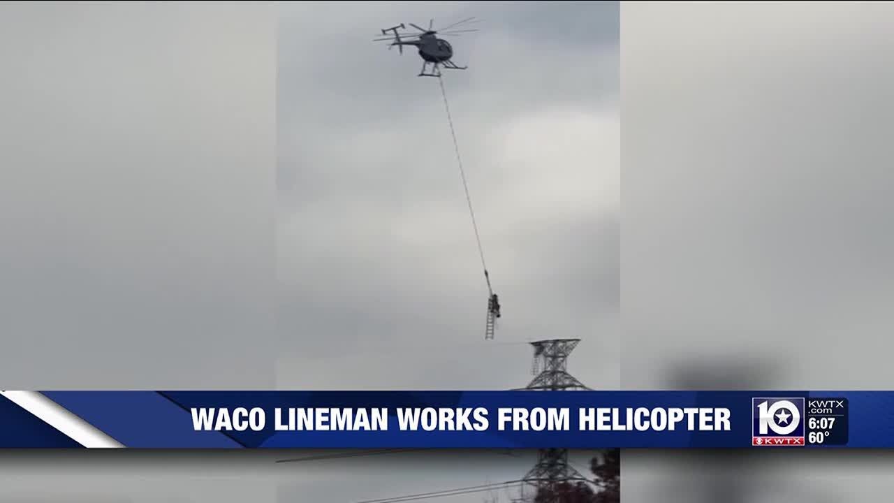 Oncor aerial Lineman works from helicopter in Waco - YouTube