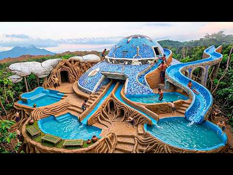 220 Days Building a UFO Dome Water Palace with Spiral Slides on a Steep Cliff Using Primitive Tools