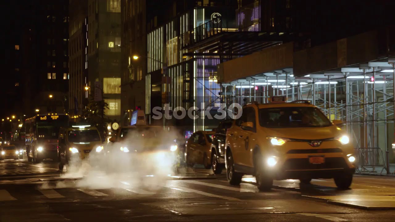 New York Street At Night With Steam From Subway, USA - YouTube