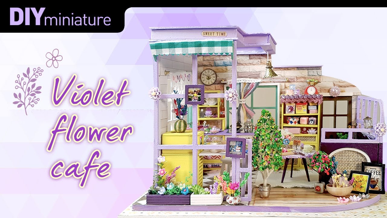DIY Miniature House violet flower cafe 아기자기한 보라색 카페 ミニチュアハウス紫カフェ - YouTube