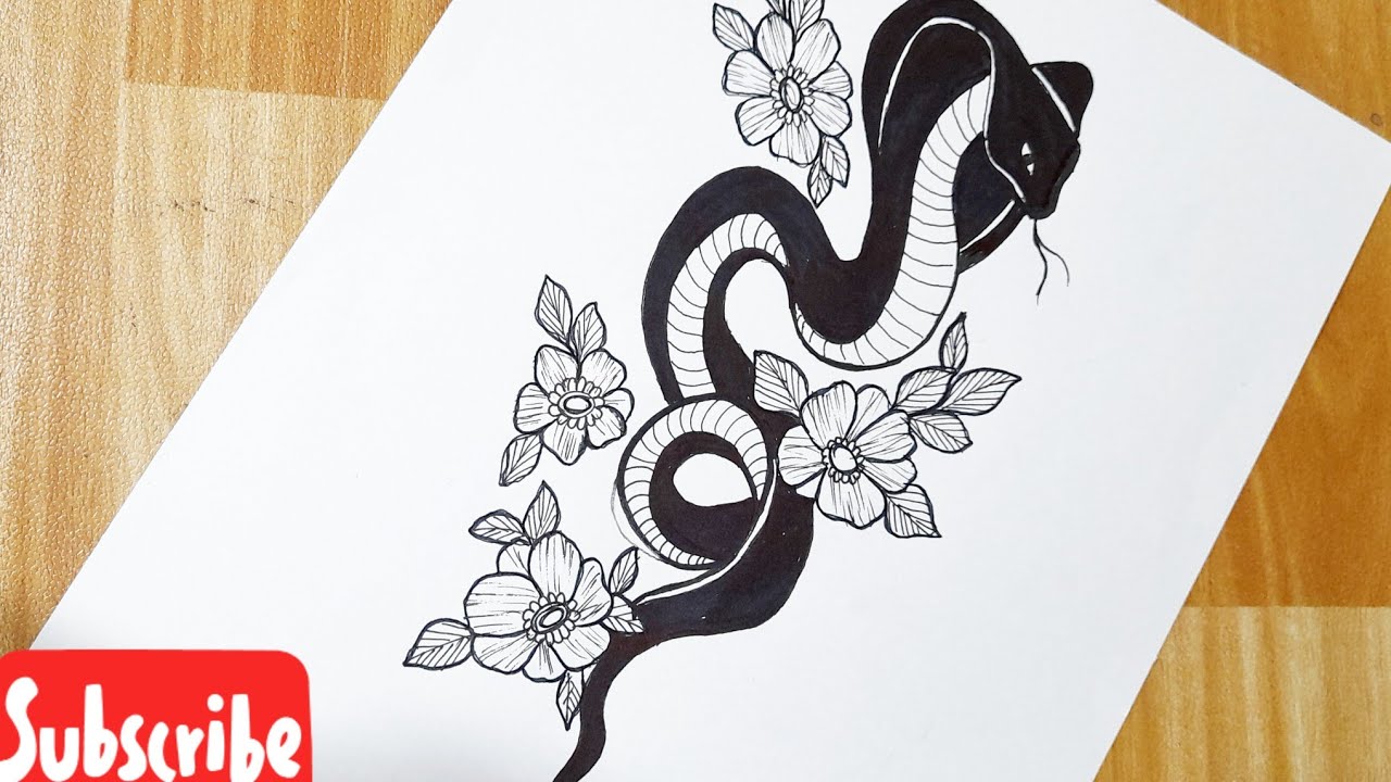 How to draw a snake || Snake with flowers || Snake tattoo drawing - YouTube