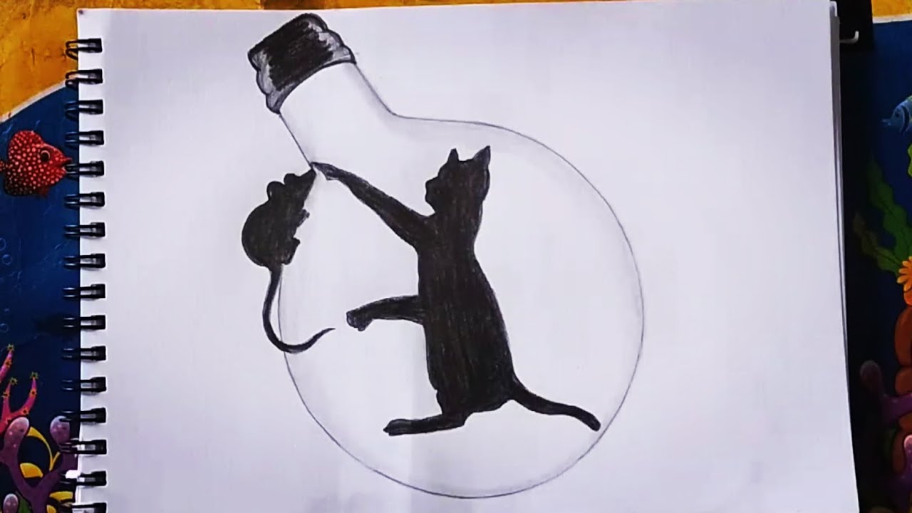 How to draw a Cat inside Bulb - step by step /A cat chasing mouse ...