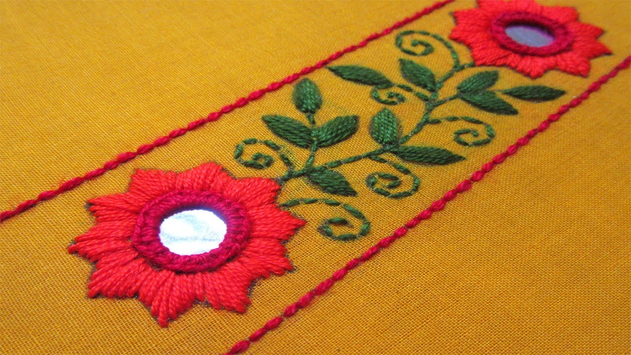 Hand Embroidery Border Design By Phulkari Stitch with Mirror Work - YouTube