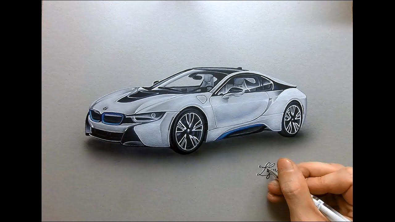 drawing time lapse - hyperrealistic art : how to draw bmw i8 - YouTube