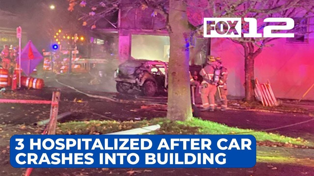 3 hospitalized after car crashes into building, catches fire in N ...