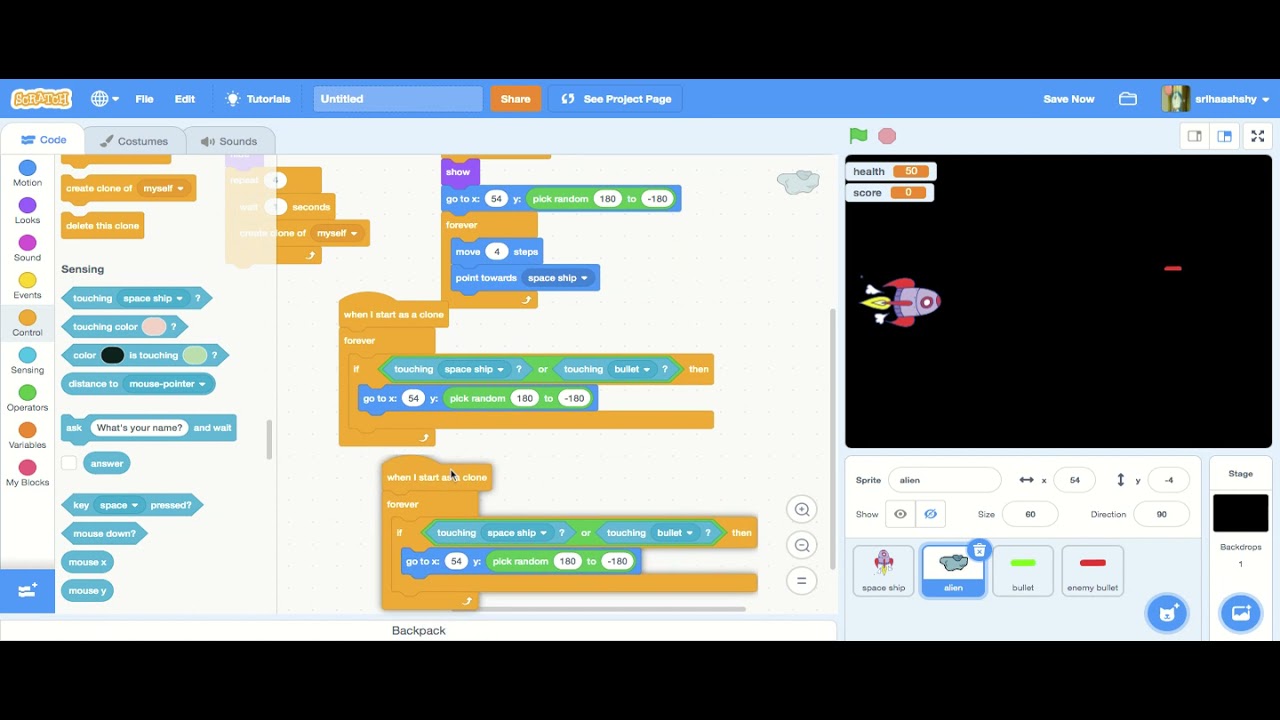 space shooter game in scratch part 2 - YouTube