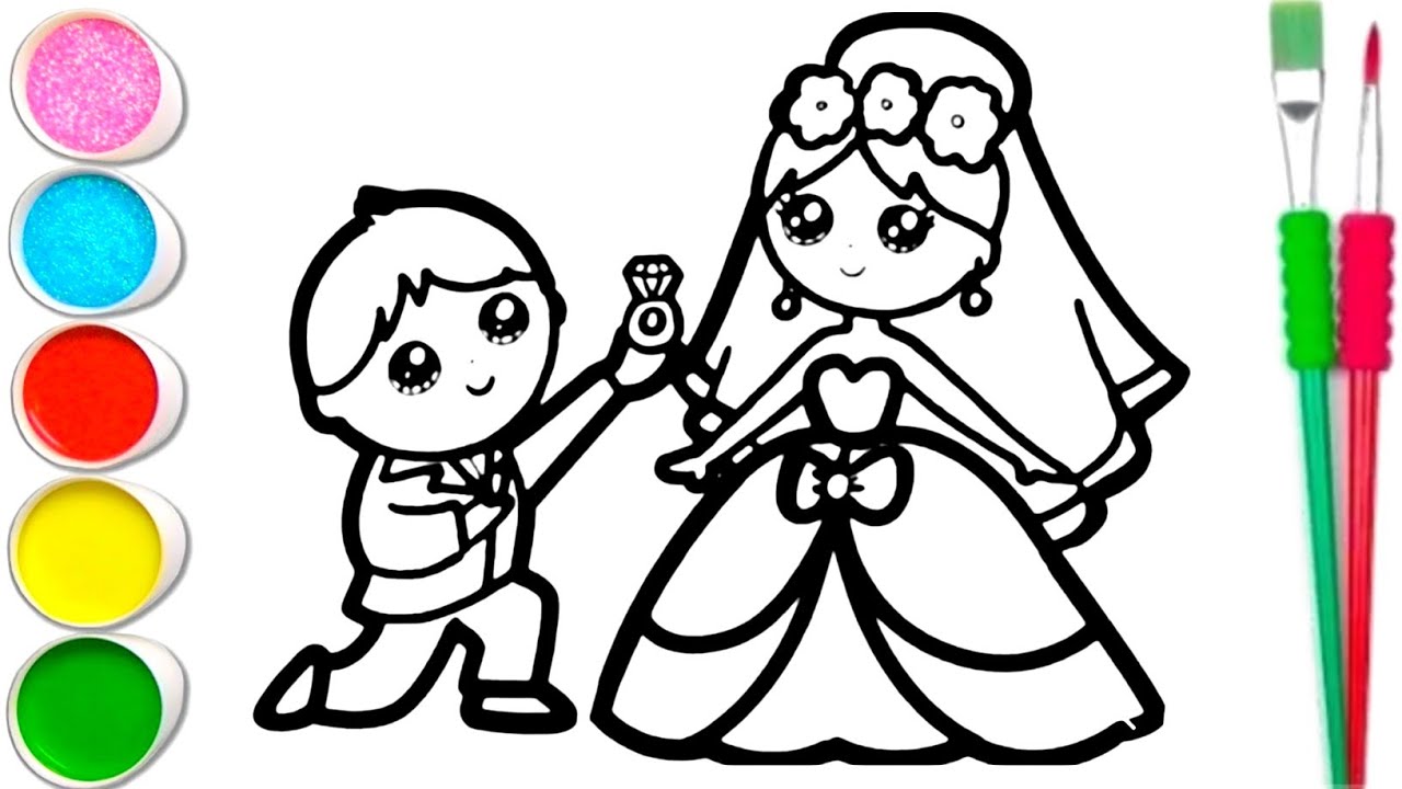 Cute Bride & Groom Drawing Painting & Colouring for kids Toddlers ...