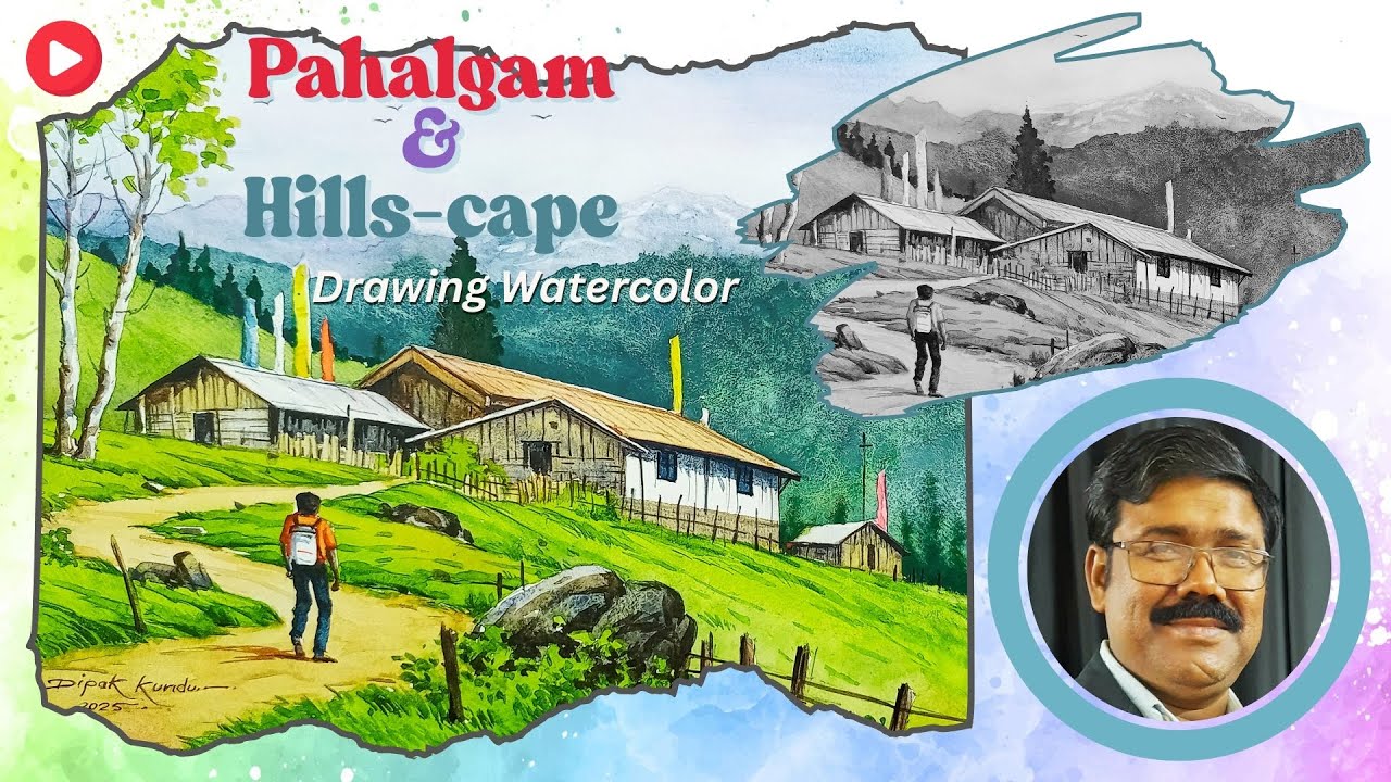 Pahalgam Scenery Drawing Colour | Beautiful Pahalgam Scenery Drawing ...