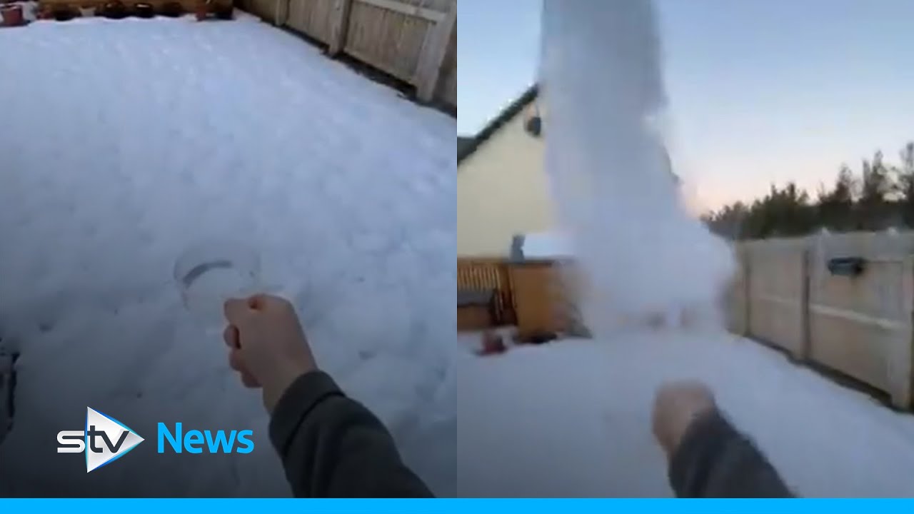 Freezing temperatures turn boiling water into ice crystals - YouTube