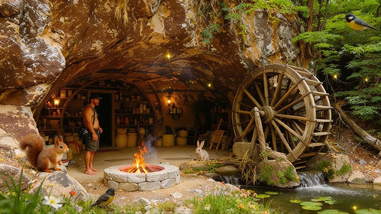 I built a self-sufficient shelter with a waterwheel and stone troughs ...