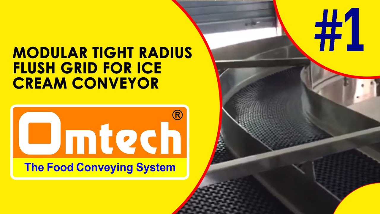 Modular tight radius flush grid incline 90 degree curve conveyor - YouTube