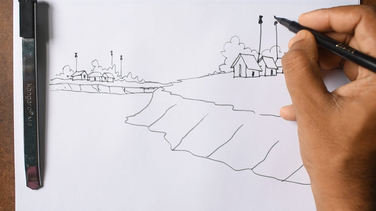 Easy scenery drawing with Sketch Pen | Houses and palm trees on a high ...