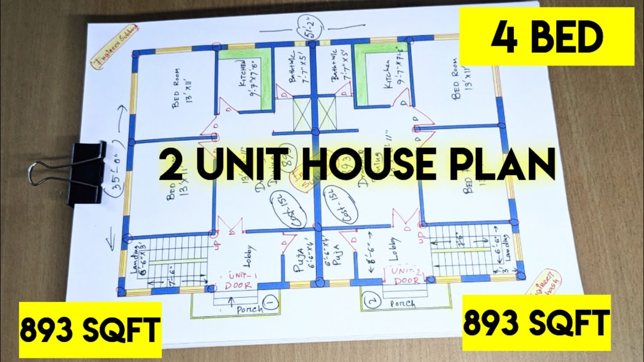 2 unit house plan with 4 bedrooms II 2 brother home design II 4 kamra ...
