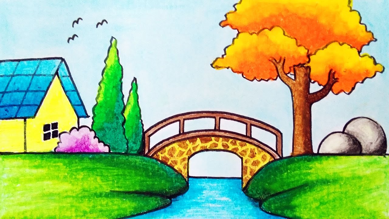 How To Draw Scenery | Drawing River and Bridge Scenery _ Oil Pastels ...