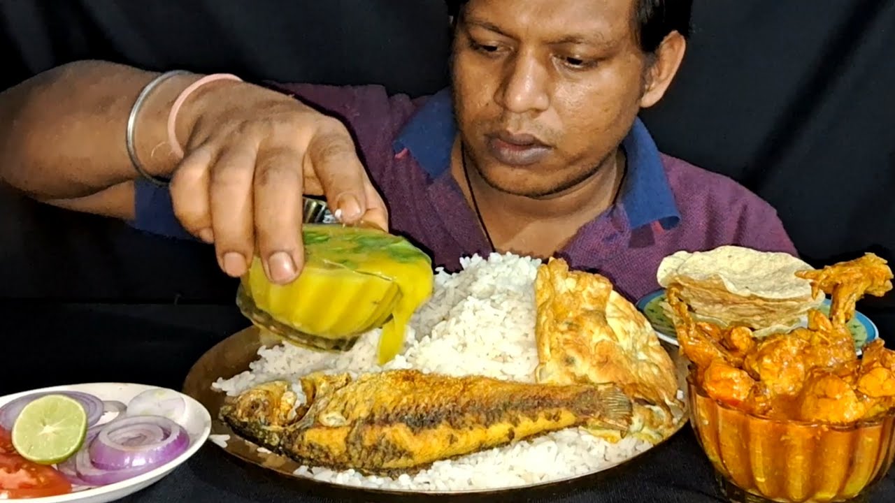 bengali chicken 🐔 rice eating, dal rice 🍚 , fish🐟 fry, omelette, salad ...