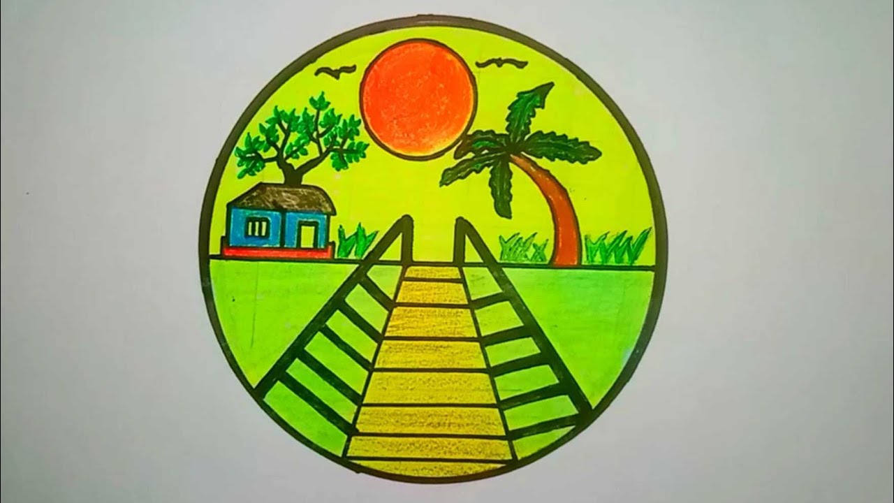 Beautiful sunset nature drawing/Circle scenery drawing - YouTube