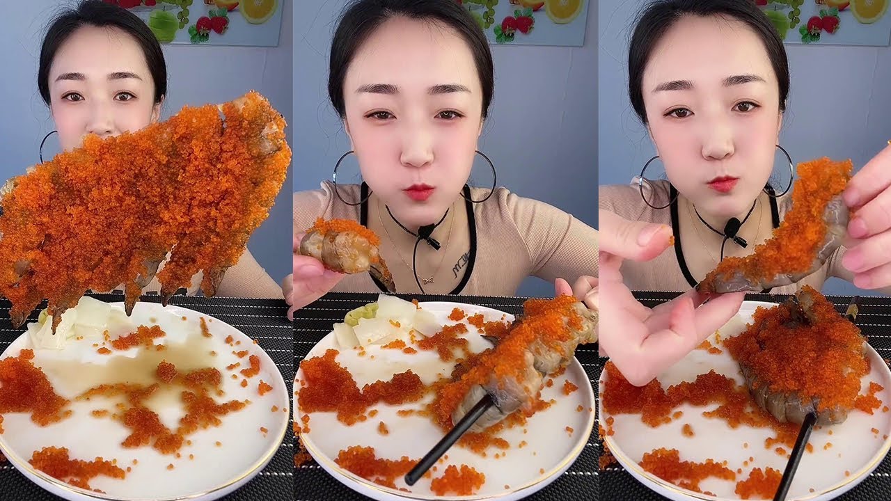 【Yummy】Eating show：Fish roe skewered shrimp🍤🍤🧄🧄#mukbang#Seafood#sashimi ...