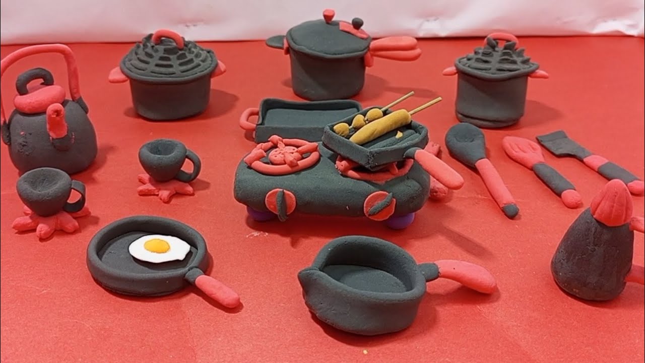 DIY polymer clay miniature black cooking set, kitchen set, cooking pots ...