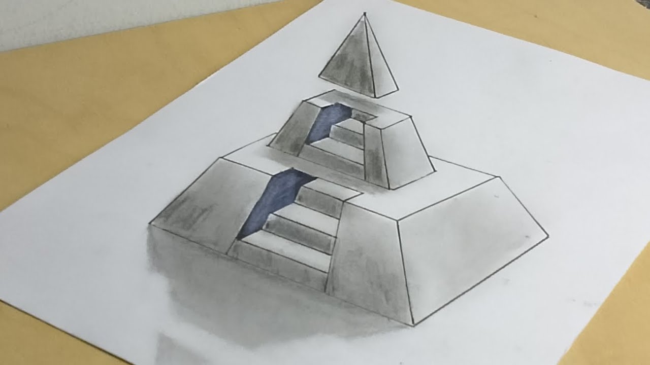 How to draw A 3D Stepped Pyramid On Papper Step by step - YouTube