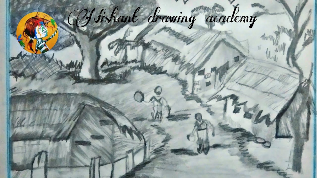 How to draw a village || simple village drawing || village sketch ...