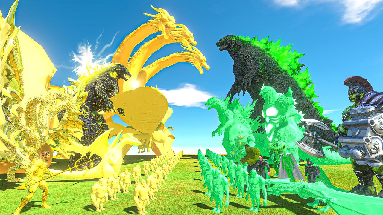 Team Yellow + Legendary King Ghidorah vs Green Godzilla + Team Green ...