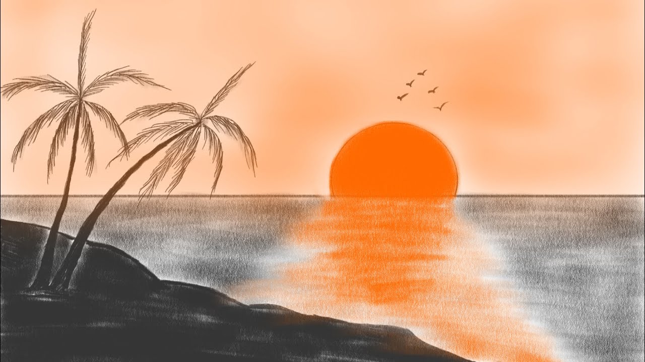 easy drawing sun rise scenery at the seaside /KAKADA Drawing - YouTube