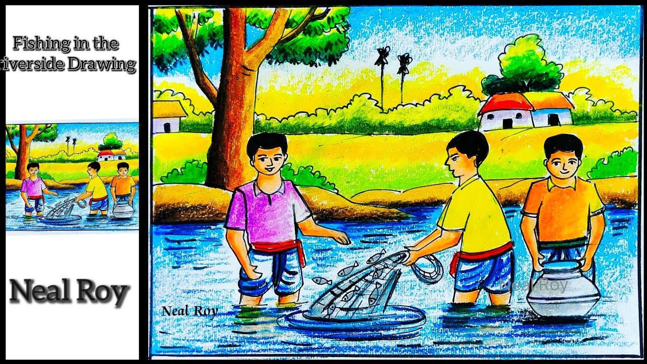 How to draw fishing scenery drawing step by step/Fishing drawing for ...