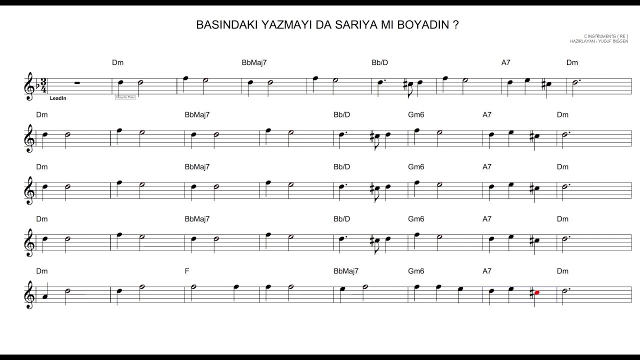 Nota Akor Eşlik - Başındaki Yazmayı da - C Instruments ( Re ) - YouTube