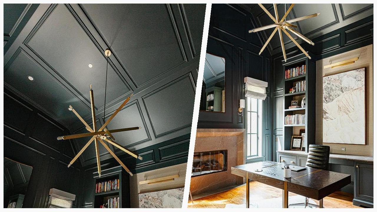 75 Vaulted Ceiling Home Office With Green Walls Design Ideas You'll ...