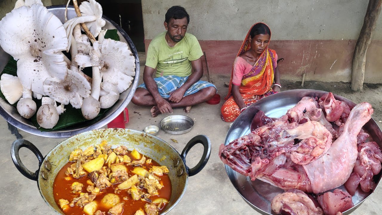 desi CHICKEN MEAT curry with kham potato and MUSHROOM cooking&eating ...