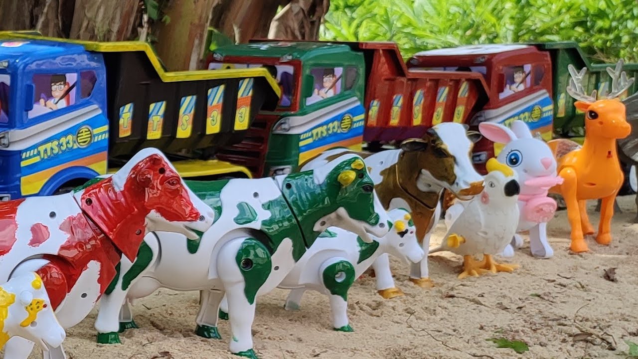 Menemukan mainan hewan sapi warna warni gajah dinosaurus bebek kelinci ...