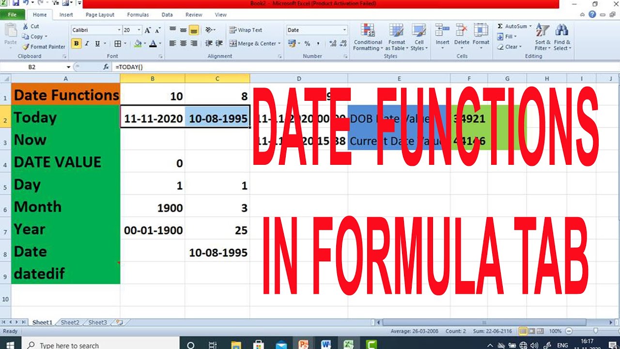 DATE MONTH DAY YEAR FUNCTION IN FORMULA TABS - YouTube