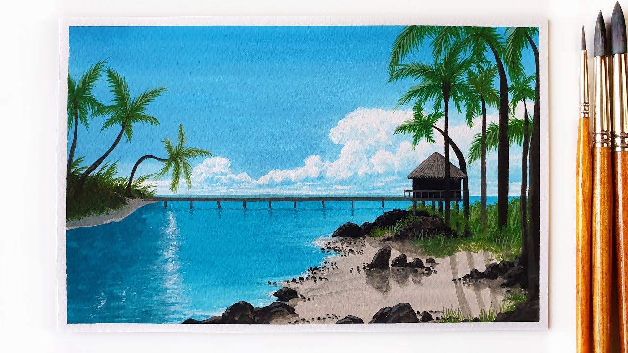 Seascape Painting ｜ Poster Color Painting ｜ Ocean Beach Scenery - YouTube